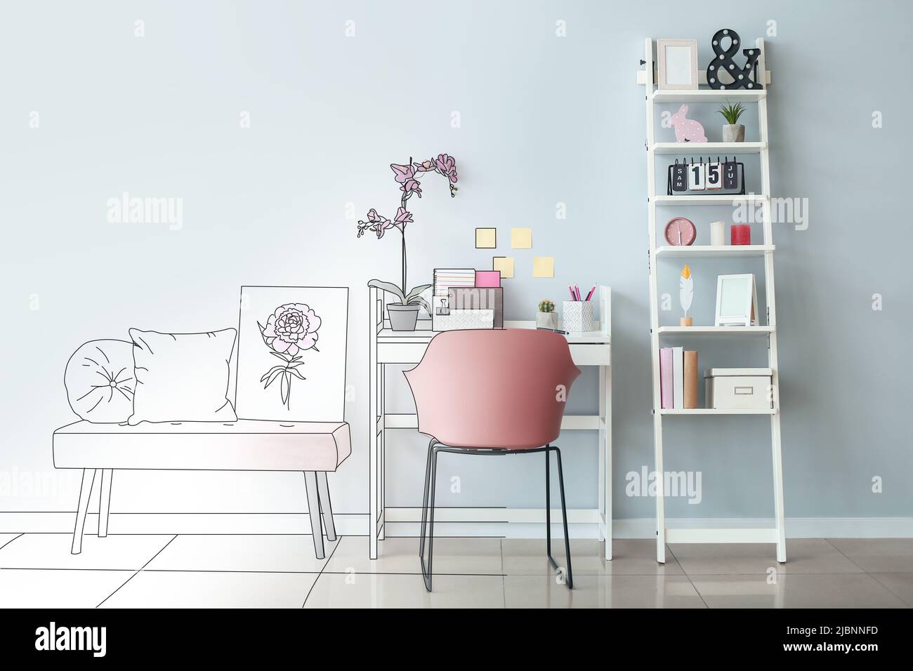 New interior of modern office with comfortable workplace, rack and ...