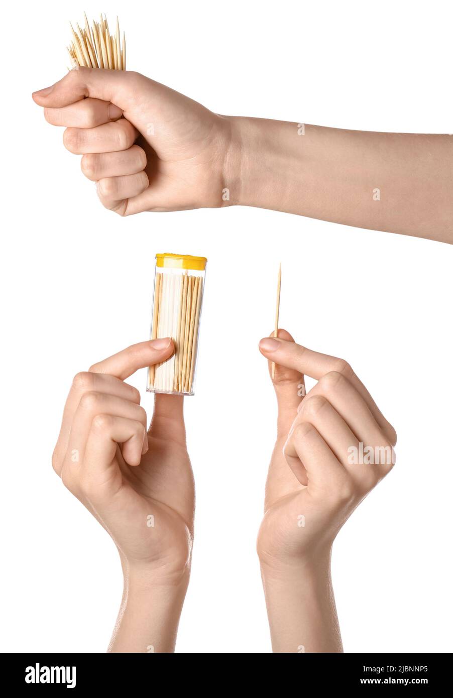 Set of female hands with wooden toothpicks on white background Stock ...
