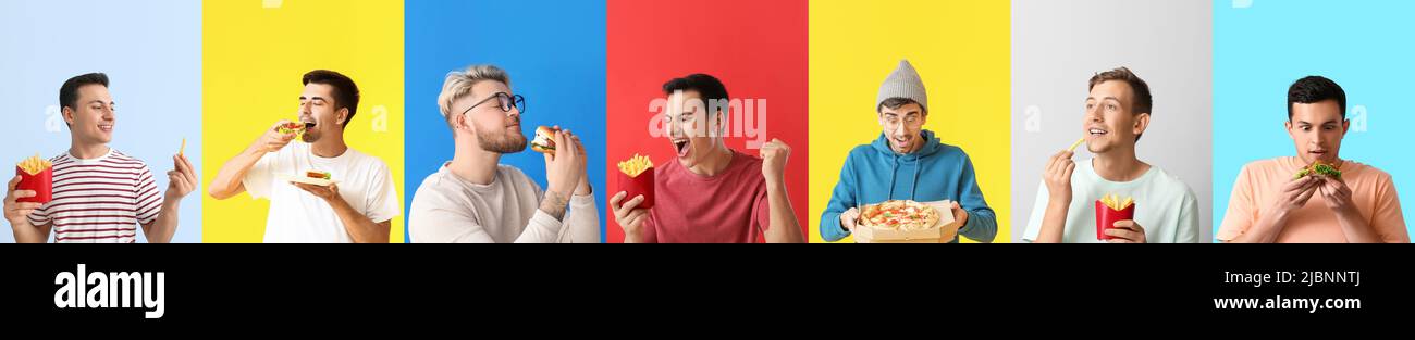 Set of men with different fast food on colorful background Stock Photo ...