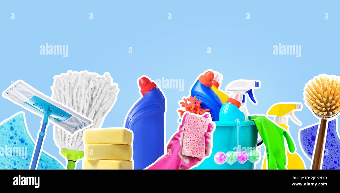 Collage with cleaning supplies on light blue background Stock Photo - Alamy