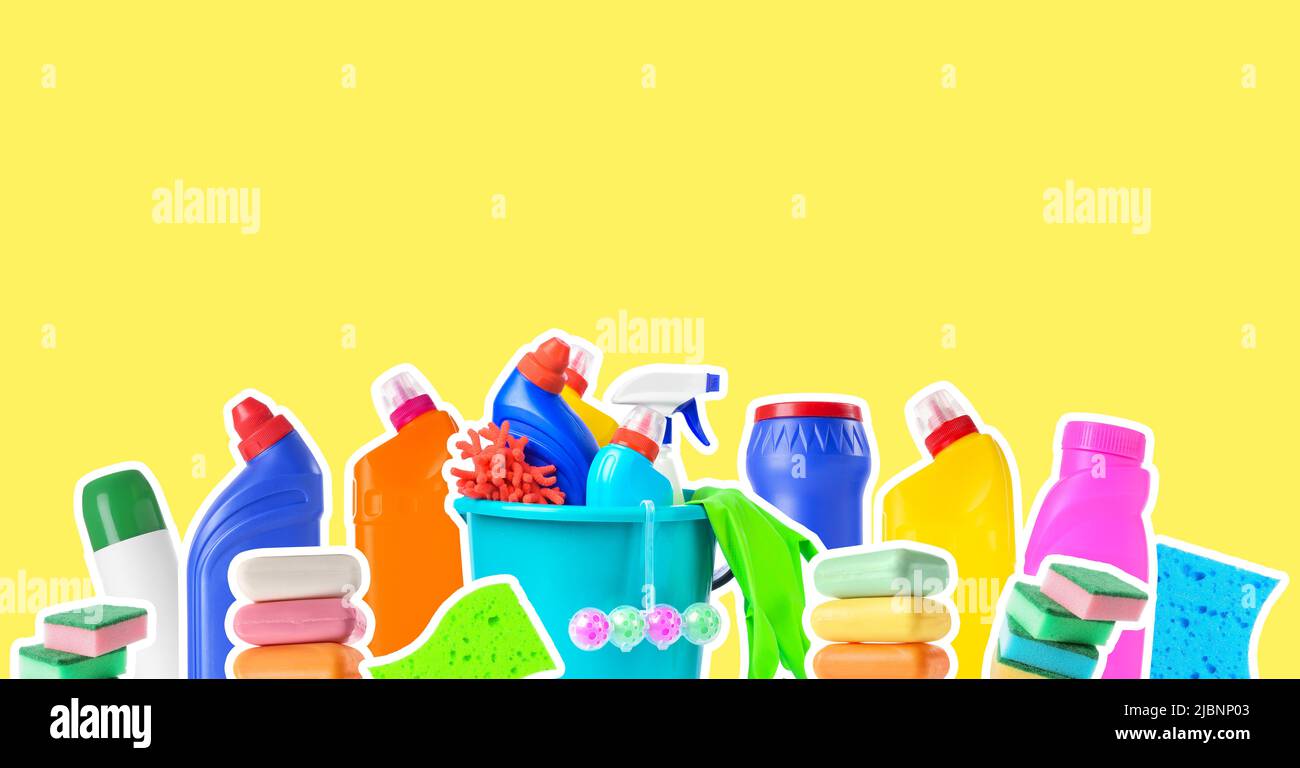 Collage with cleaning supplies on yellow background Stock Photo - Alamy