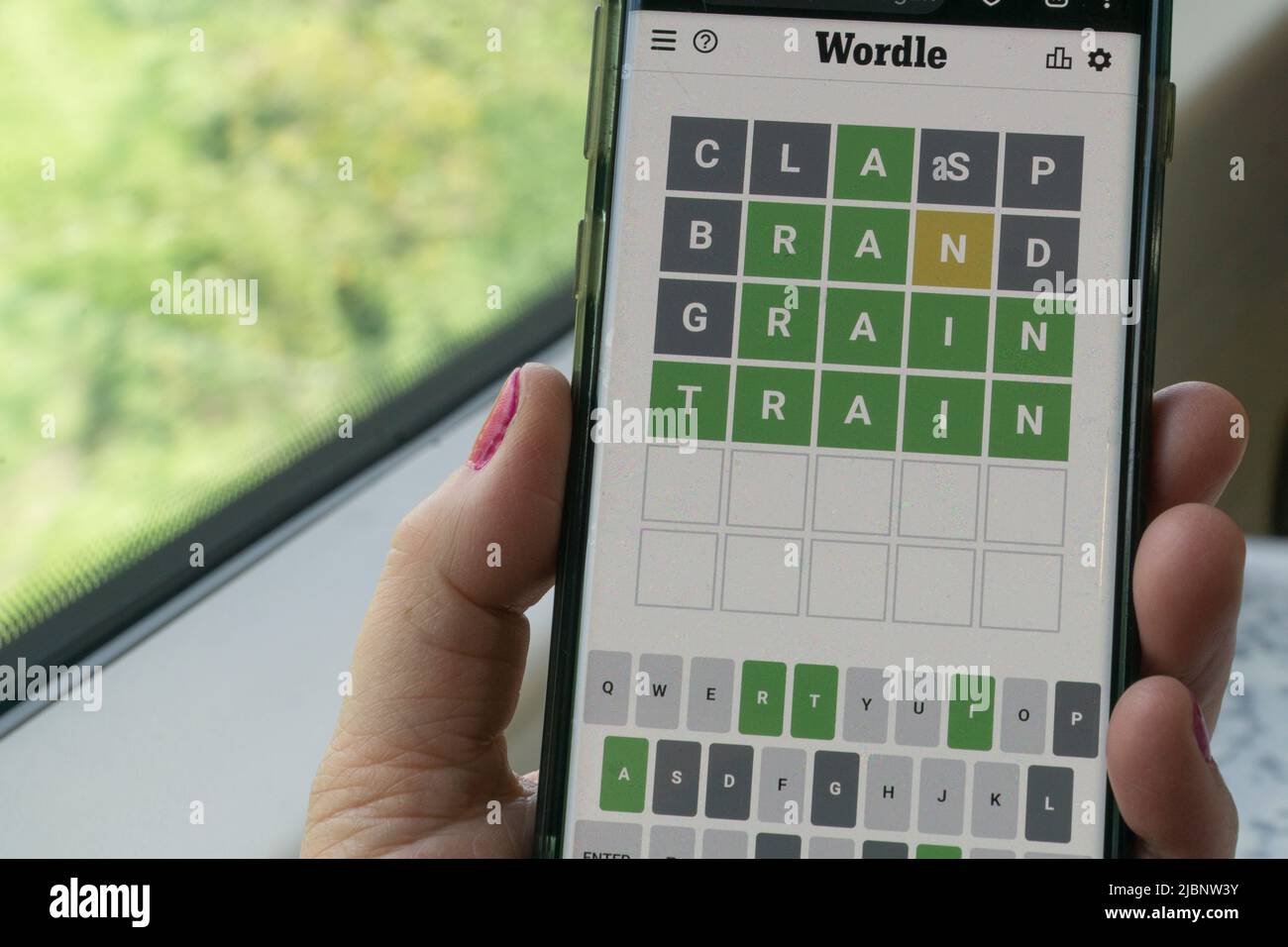 A Wordle puzzle on a train journey has the solution 'train' Stock Photo ...