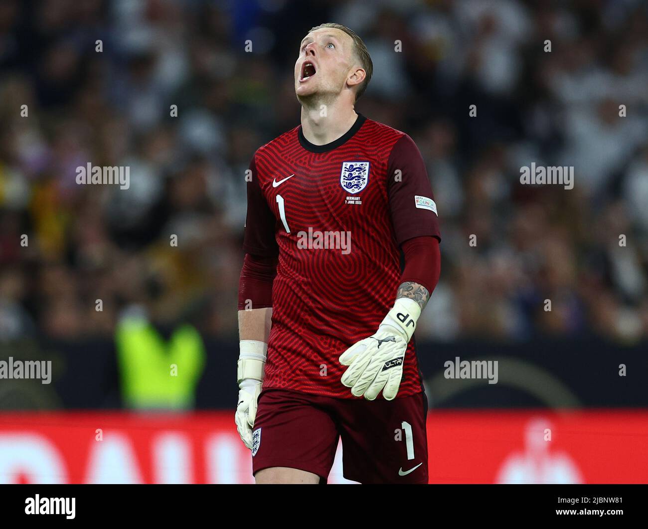 Munich, Germany, 7th June 2022. Jordan Pickford of England shows his ...