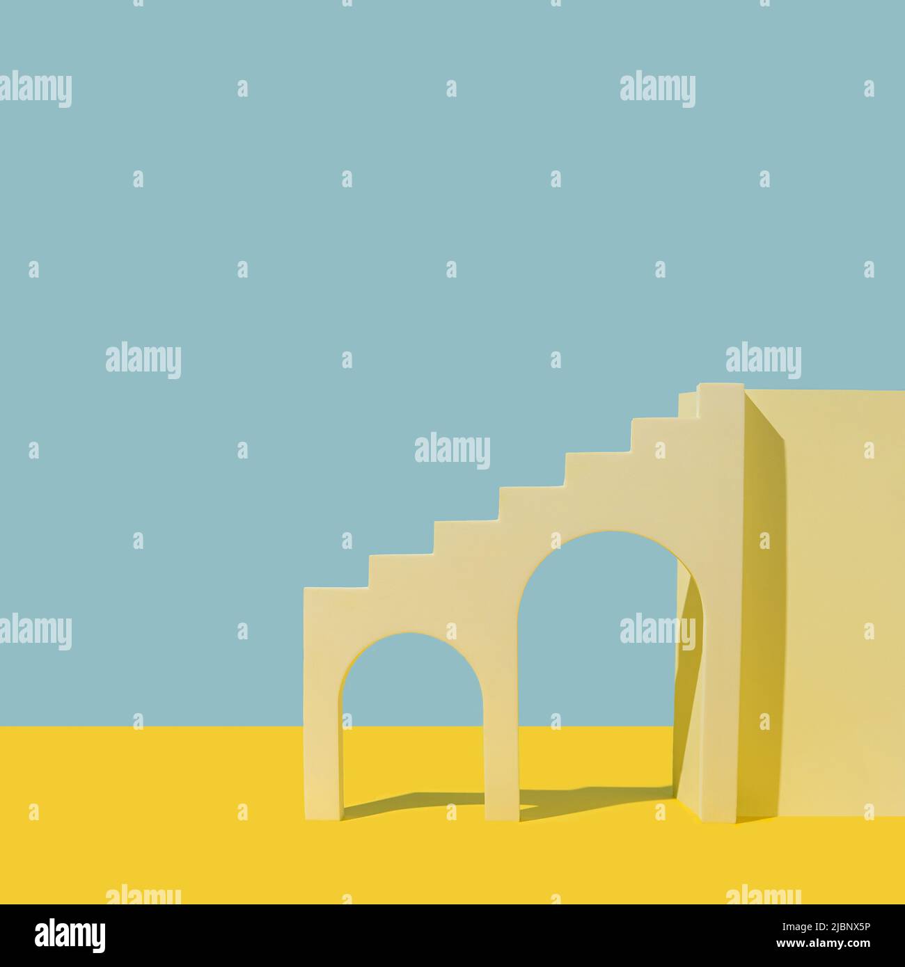 Creative composition of geometric shapes, arch with stairs, on yellow ...