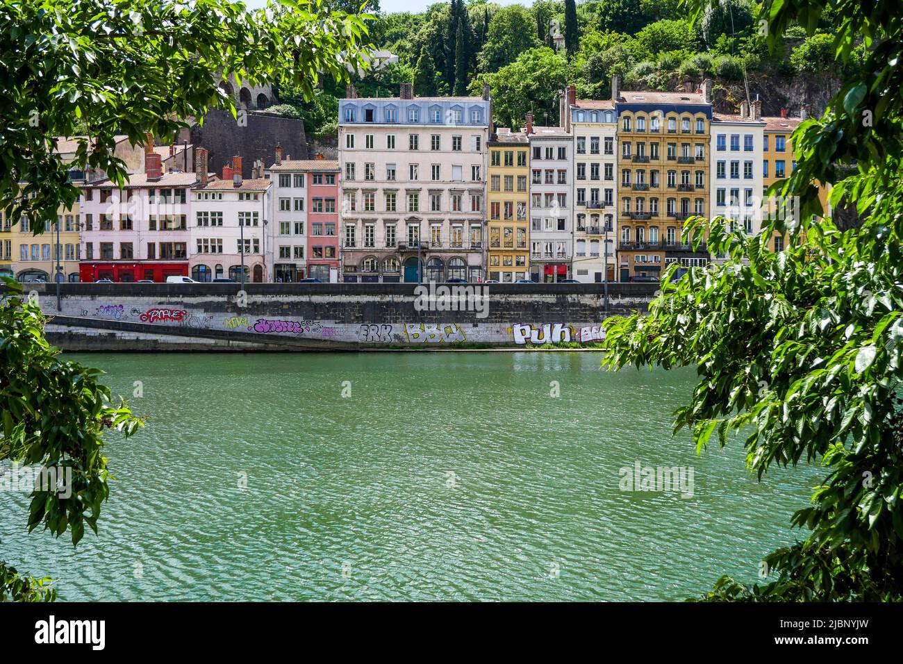 Pierre Scize quay buildings seen from Saint-Vincent Quay, Lyon, Rhône ...