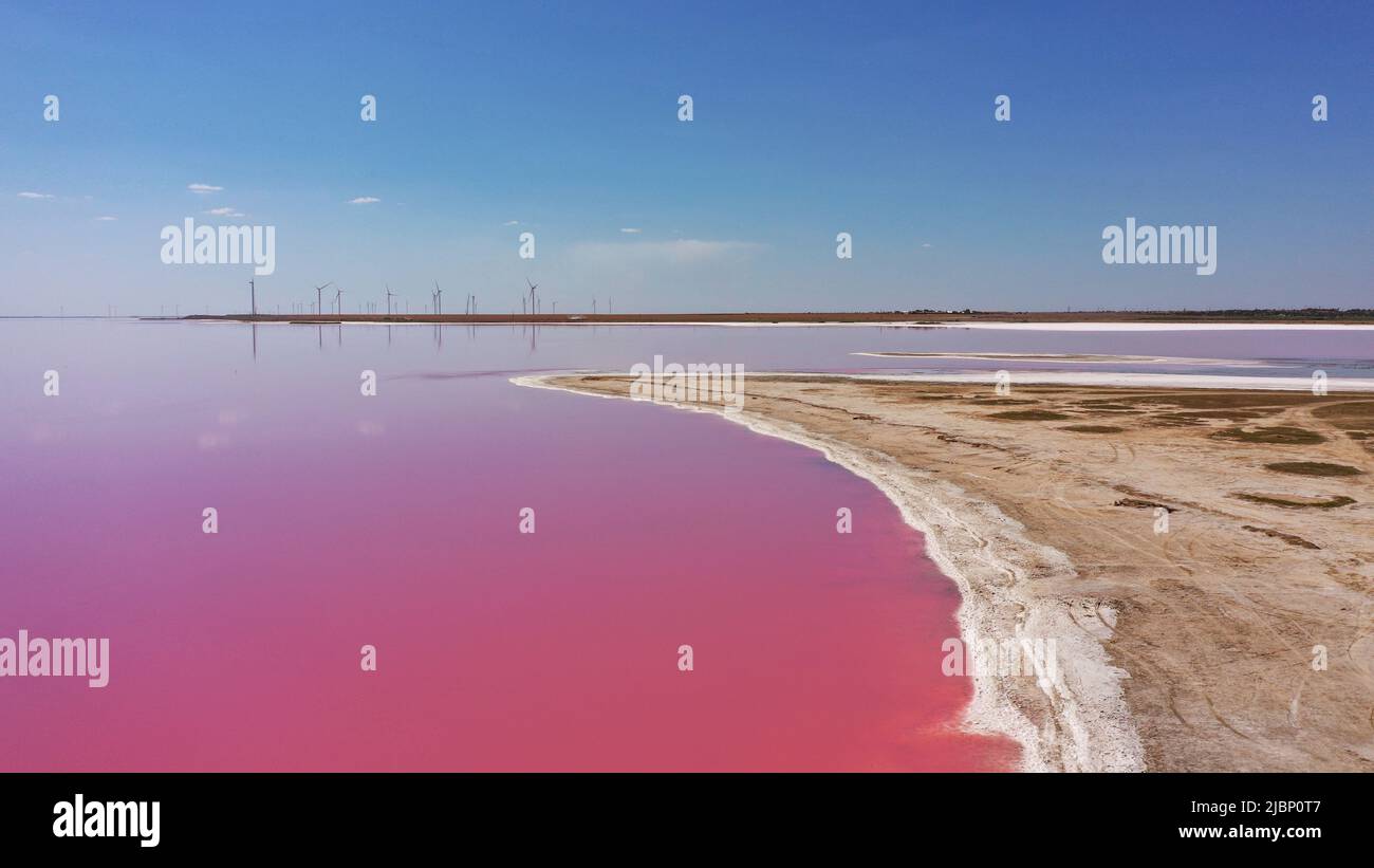 Aerial view of White salt on the shores of the island in Pink Island ...