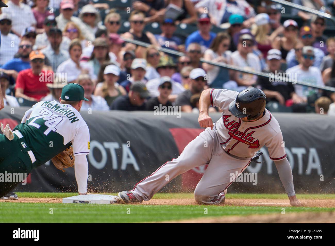 Denver CO, USA. 5th June, 2022. Atlanta left fielder Adam Duvall (27 ...