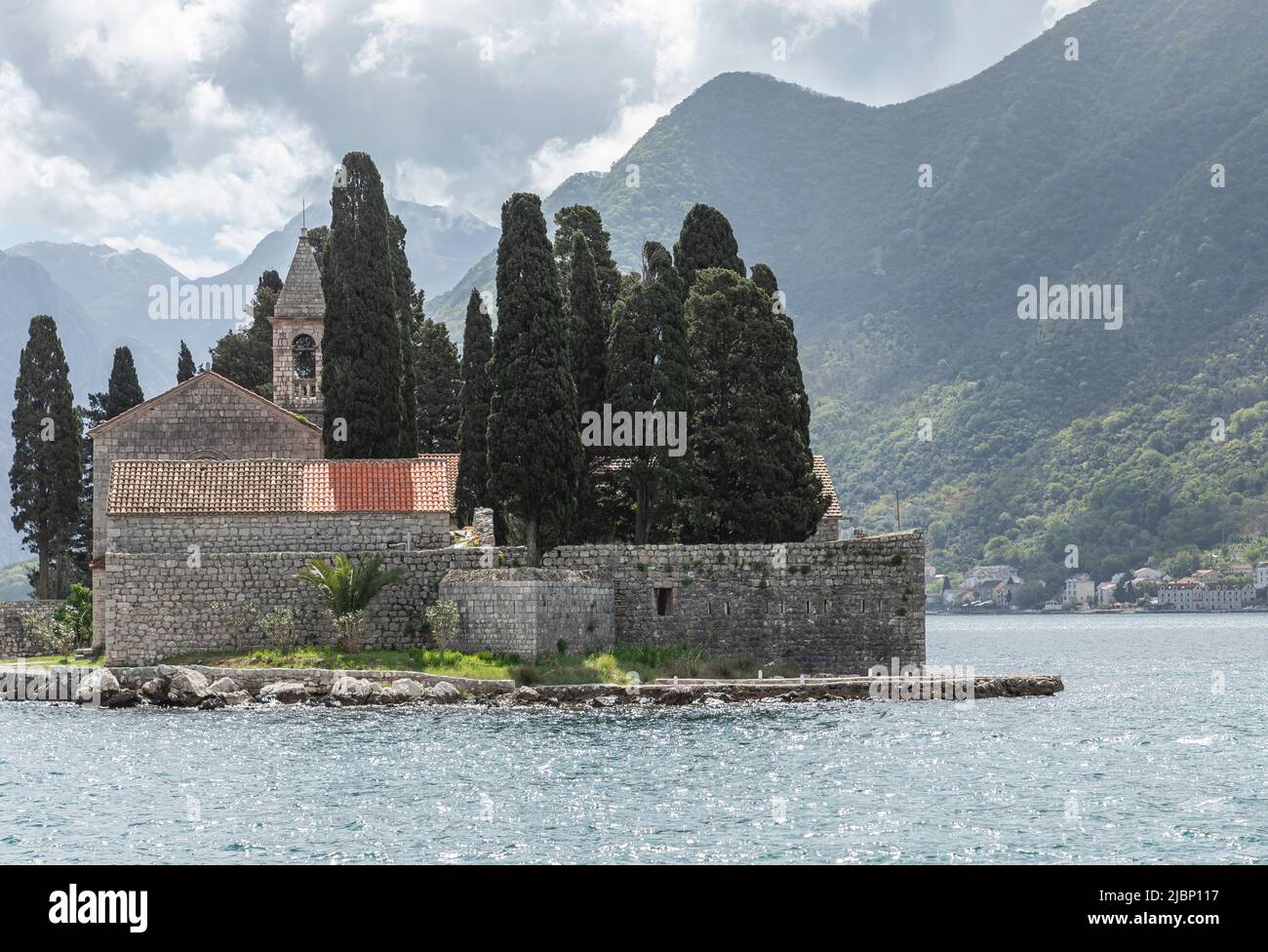 Monastery in the bay of the UNESCO world heritage site of Kotor Stock ...