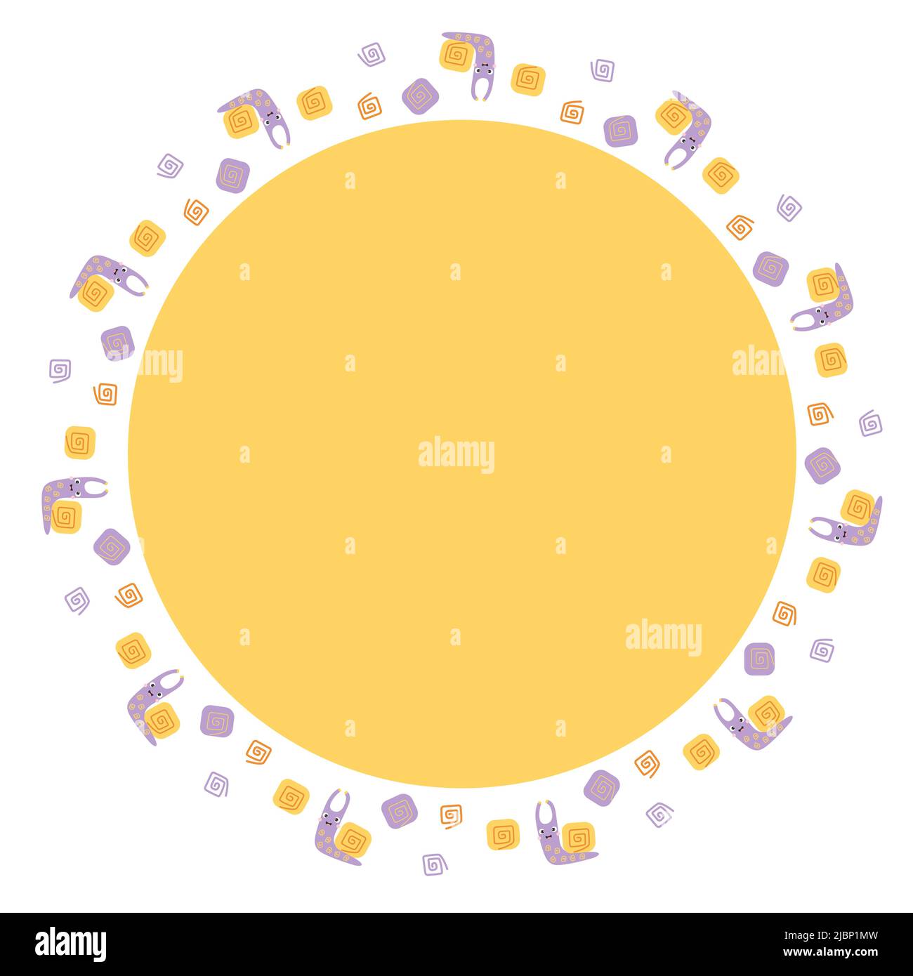 Round frame postcard with cute decorative snail with geometric abstract ...