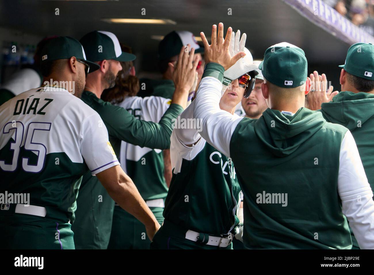 Denver CO, USA. 5th June, 2022. Colorado catcher Brian Serven (6) hits ...
