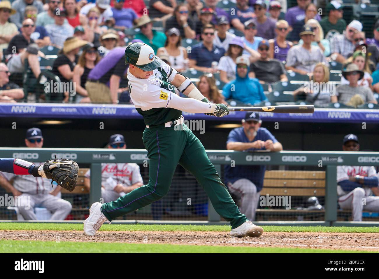 Denver CO, USA. 5th June, 2022. Colorado catcher Brian Serven (6) hits ...