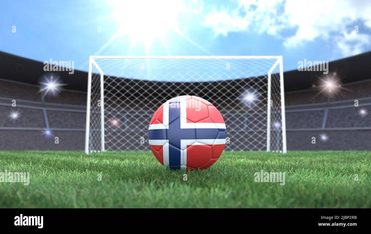 Soccer ball in flag colors on a bright sunny stadium background. Norway ...