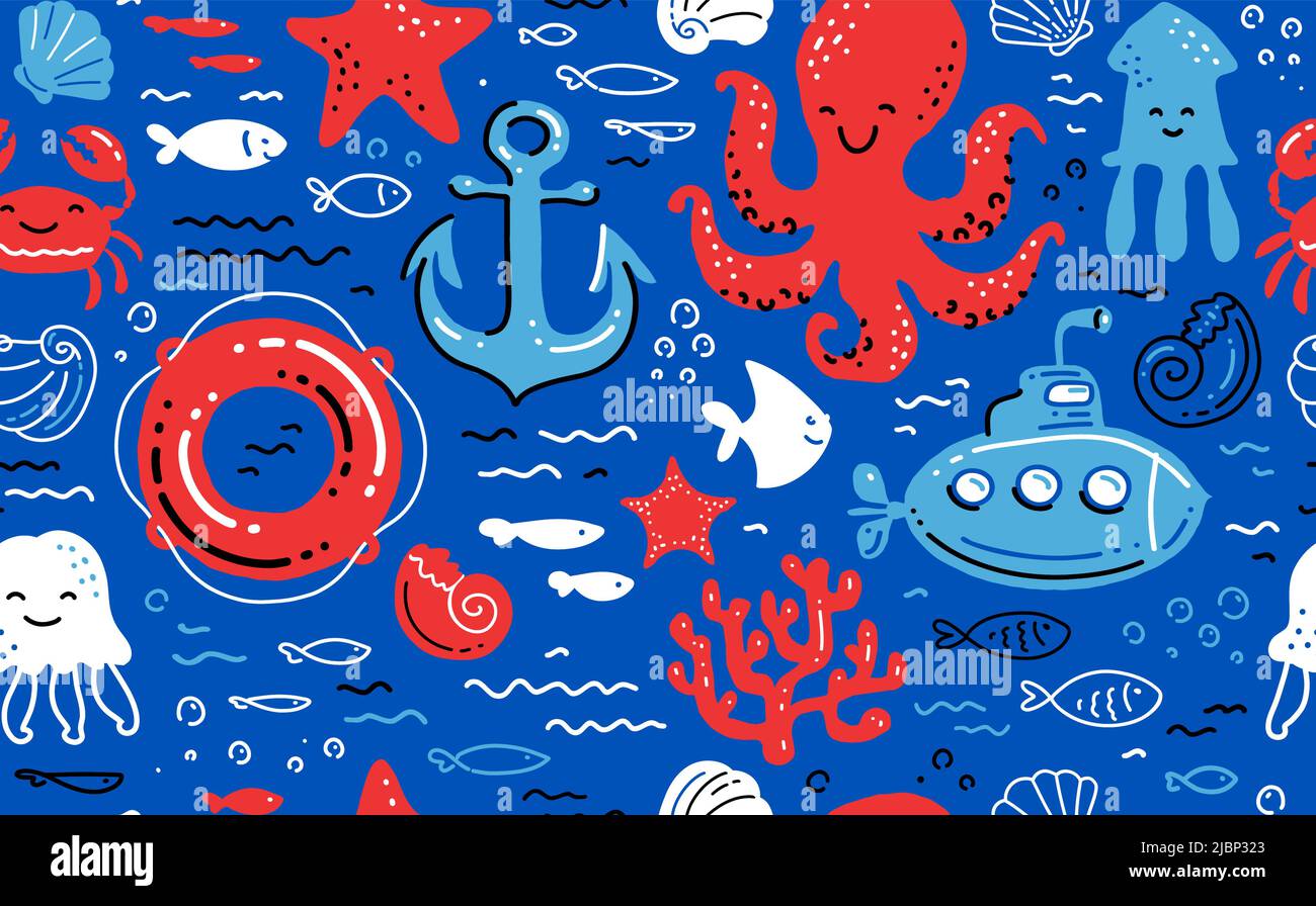 Nautical seamless background. Marine bright pattern. Childish cute ...