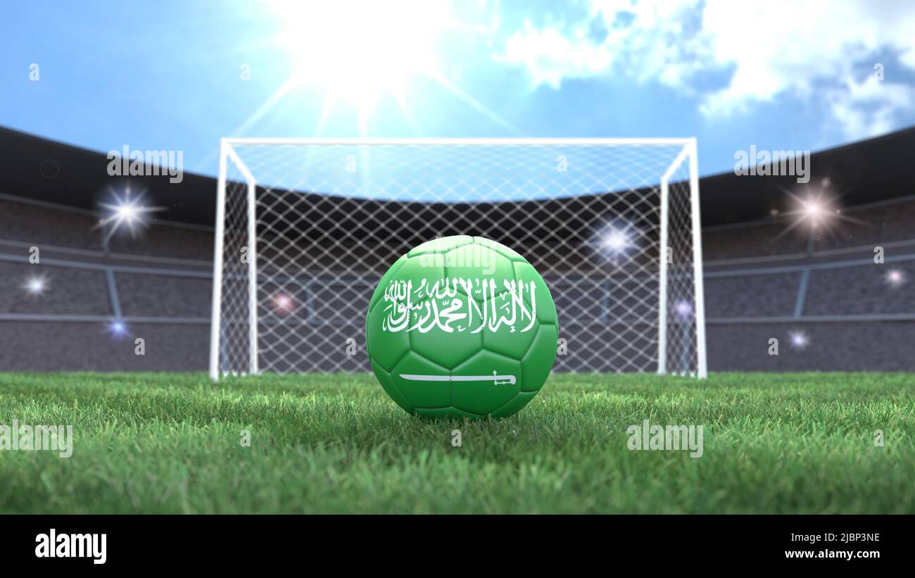 Soccer ball in flag colors on a bright sunny stadium background. Saudi ...