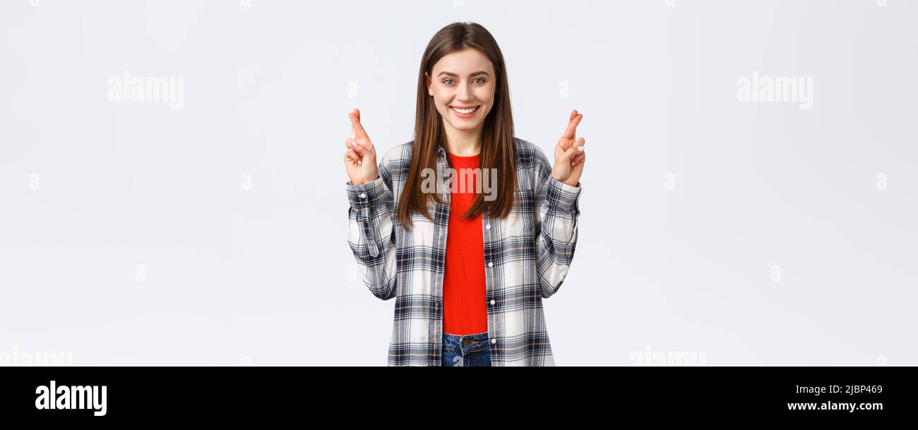 Lifestyle, different emotions, leisure activities concept. Hopeful cute ...