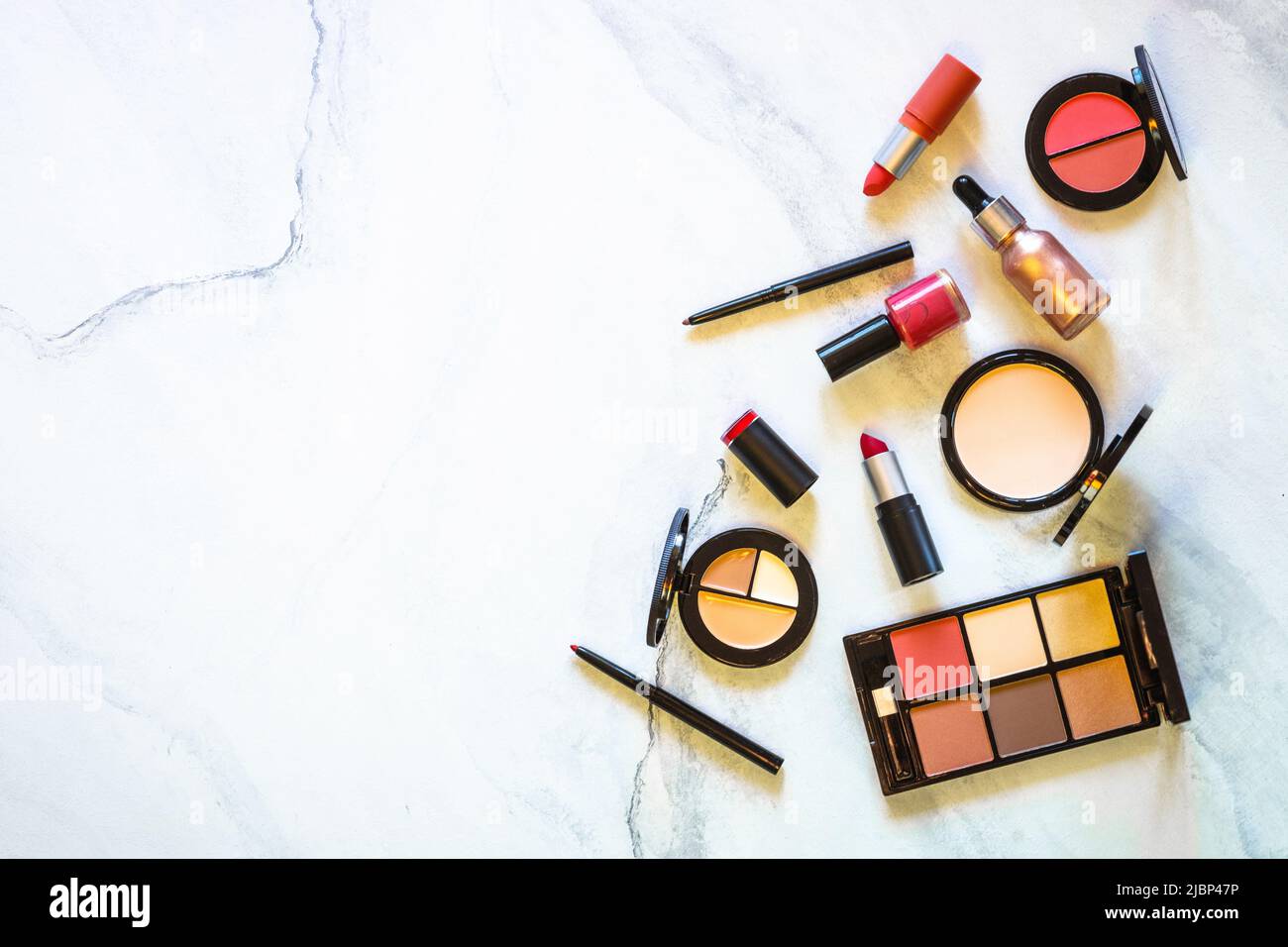 Makeup professional cosmetics on white marble background Stock Photo ...