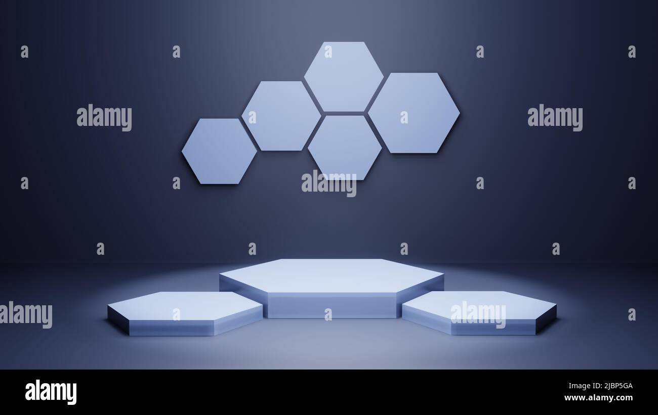 3d blue hexagon podium minimal studio background. Abstract 3d geometric shape object ...