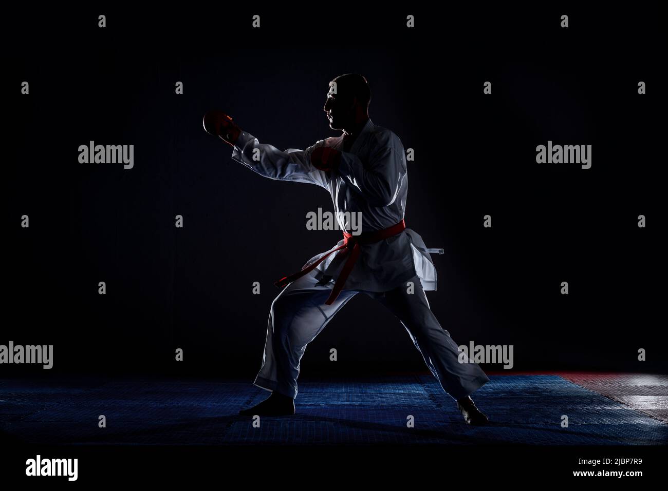 An athlete with a black belt and in karategi performs a formal karate ...