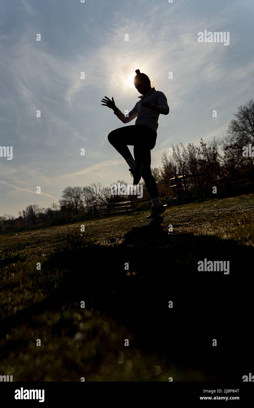Amazing and attractive fit girl is exercising kickbox, silhouette. Low ...