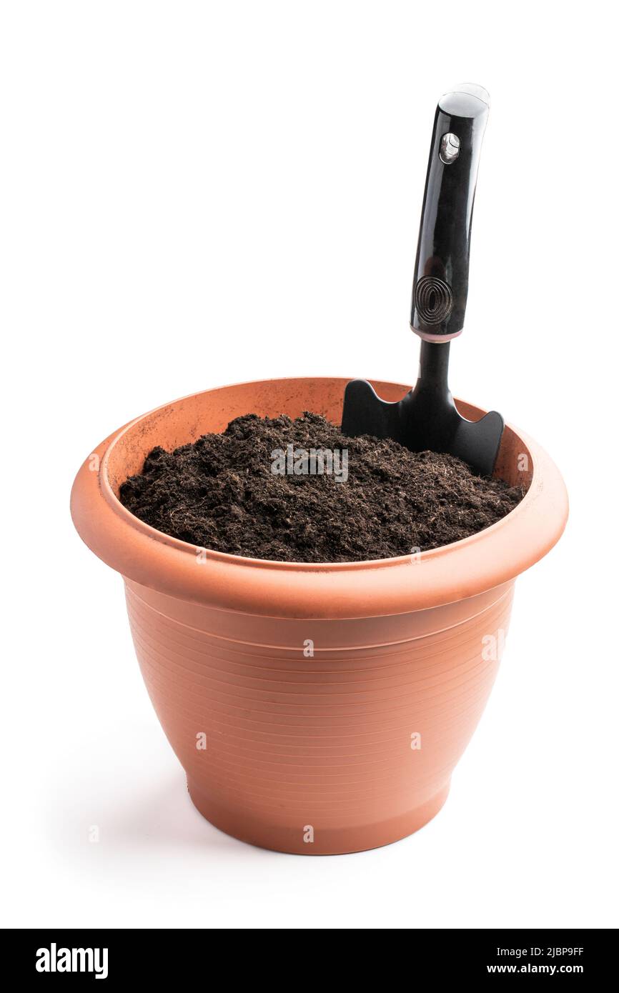 Pot filled with organic soil isolated on white background Stock Photo ...