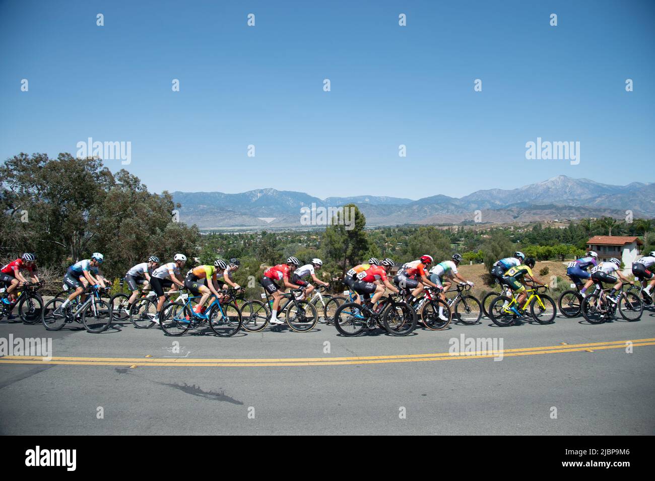 The men's peloton during Stage 5 of the 2022 Redlands Classic, the ...
