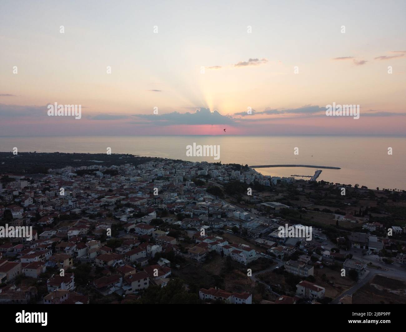 Aerial image from Kyparissia, a town in Greece and its beautiful sunset ...