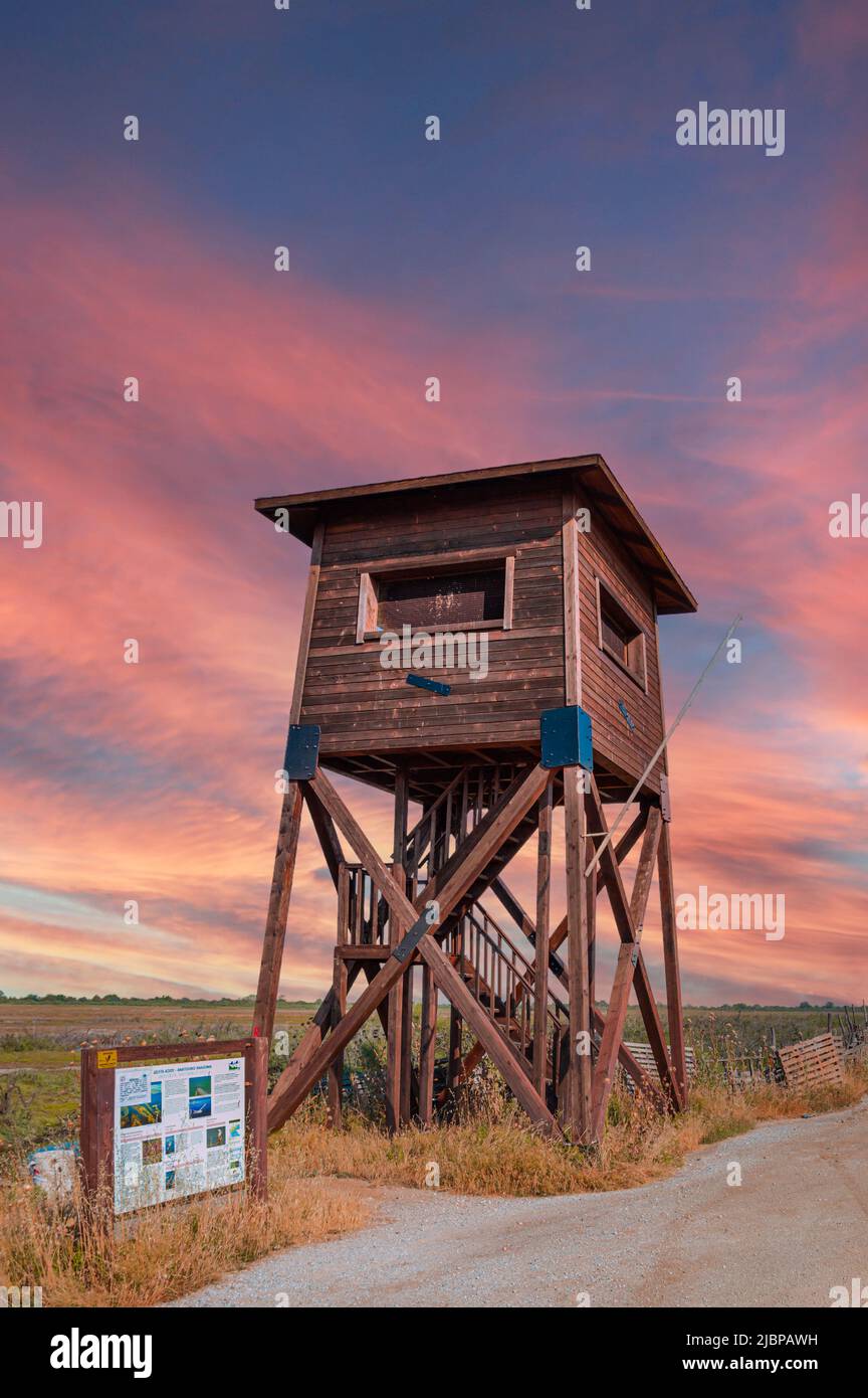 A wooden watchtower lookout tower on a field and a swamp created by the ...