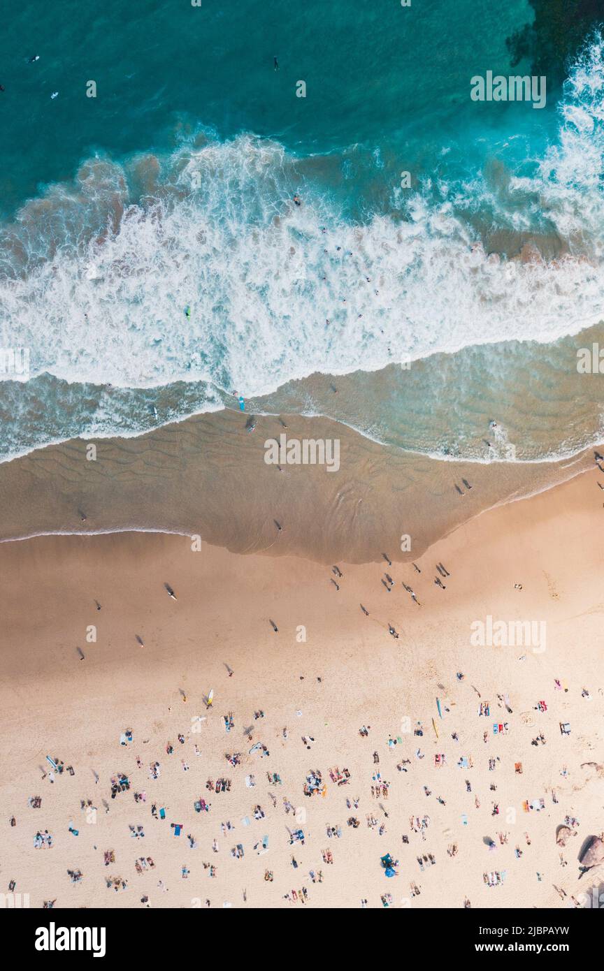 Aerial view of Bondi Beach, Sydney. 90 degrees perspective, tourists on ...