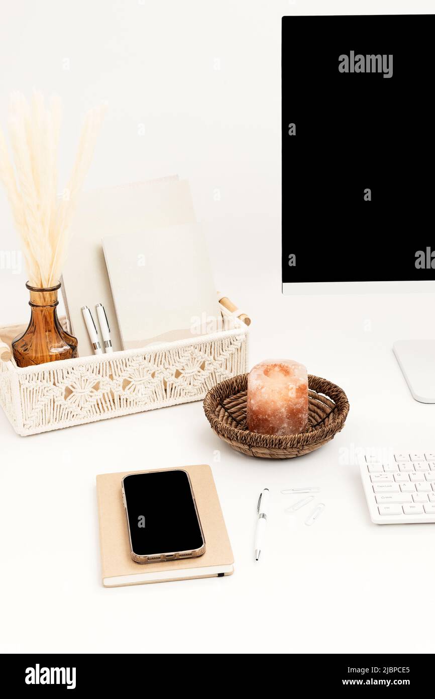 Neutral Boho Styled Desk Workspace Stock Photo - Alamy