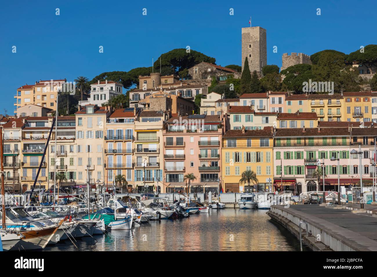 France, French Riviera, Cote d'Azur, Cannes, Le Vieux Port and Le Suquet Area Skyline Stock ...