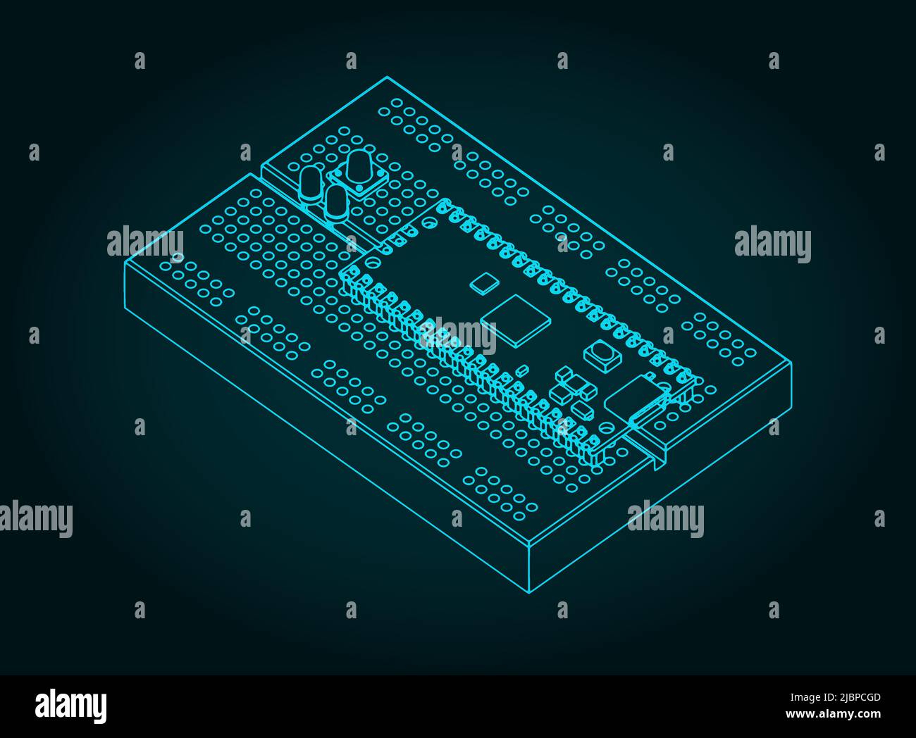 Stylized vector illustration of breadboard and microcontroller on it ...