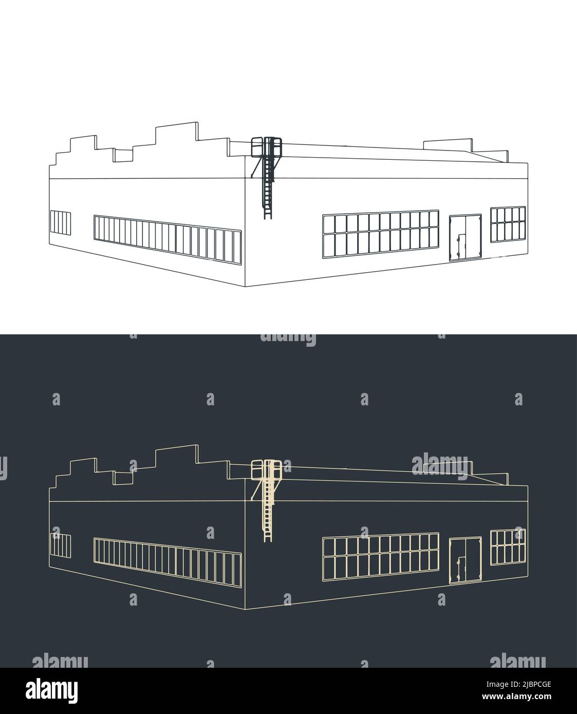 Stylized vector illustration of drawings of factory building Stock ...