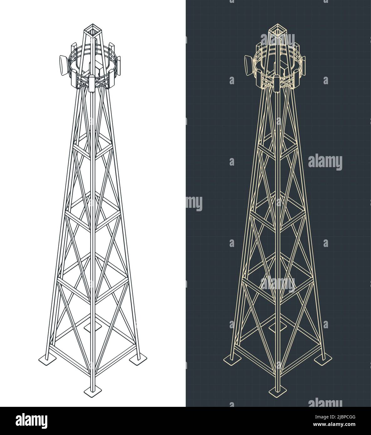 Stylized vector illustration of isometric blueprints of cell tower with ...