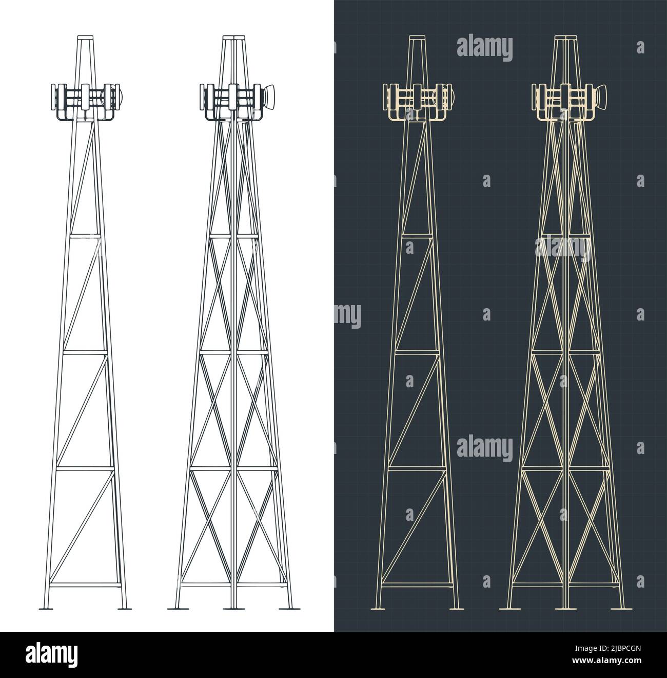 Stylized vector illustration of blueprints of cell tower with equipment ...