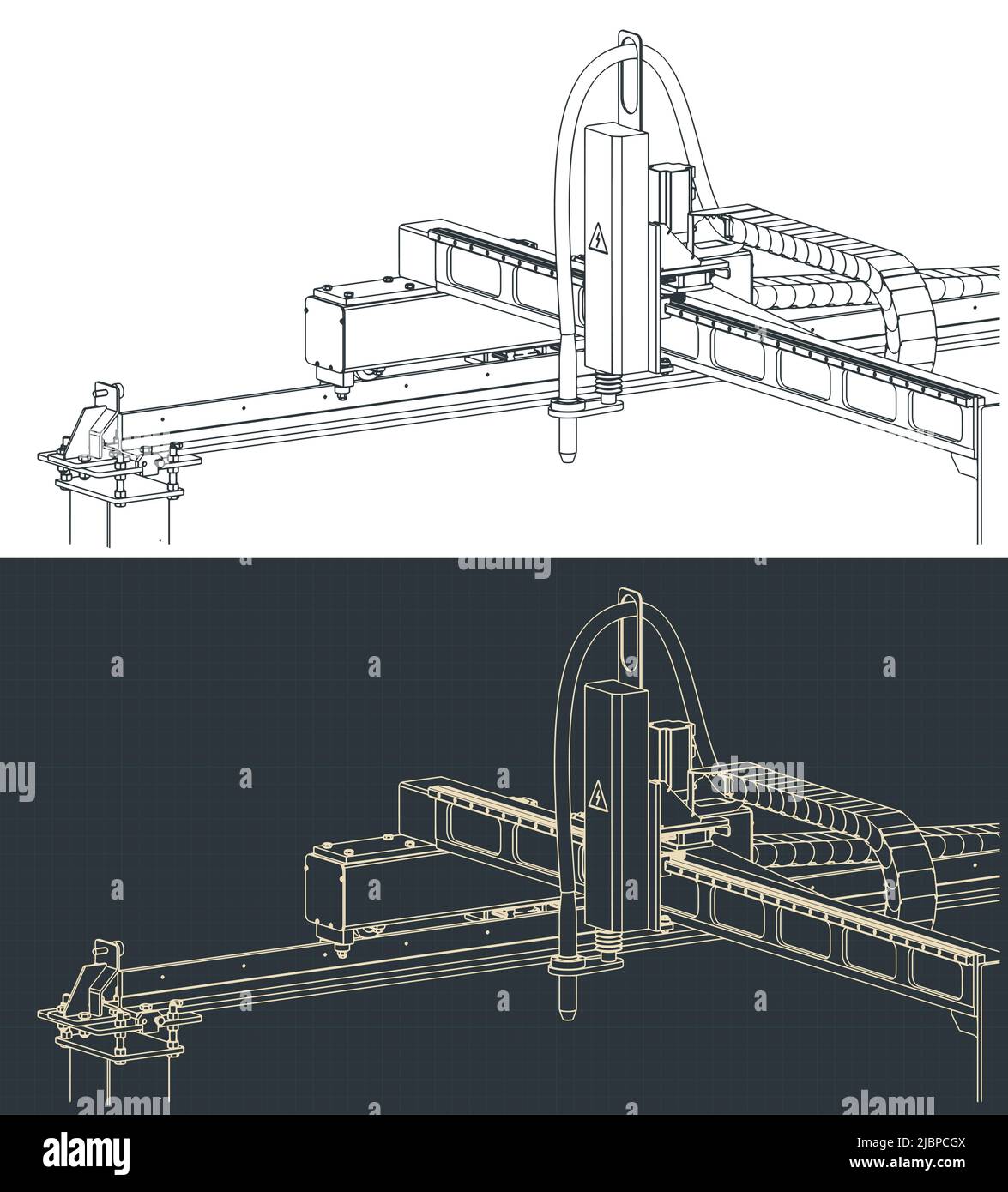 Stylized vector illustration of drawings of CNC plasma cutting machine ...
