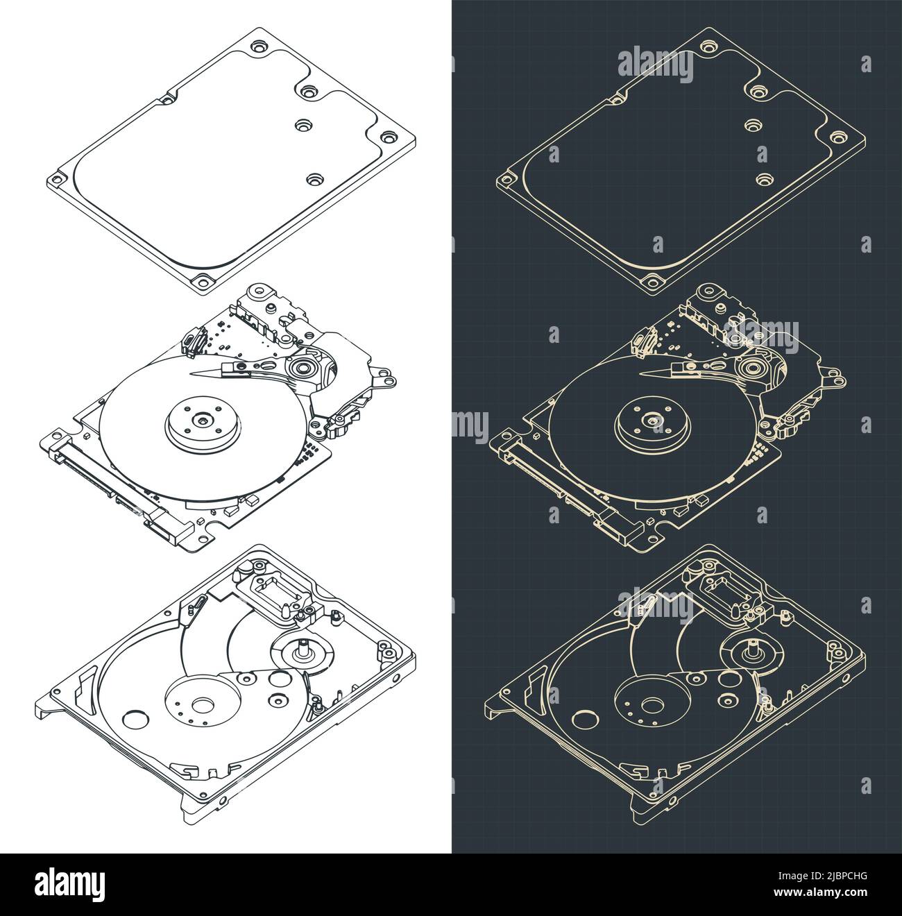 Stylized vector illustration of hard drive disk disassembled drawings ...