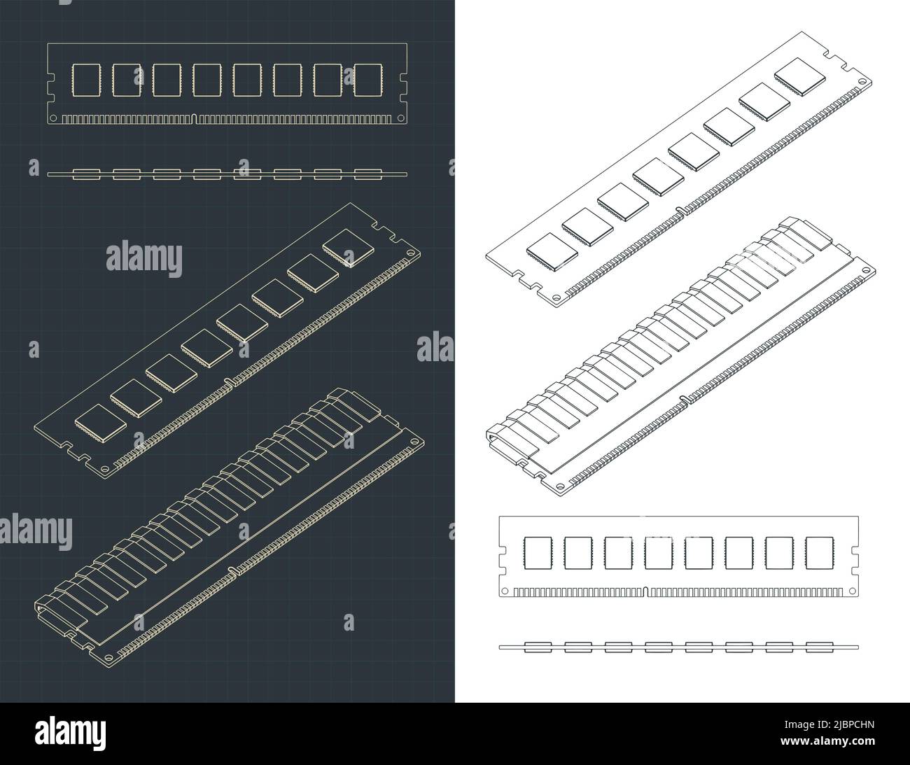 Stylized vector illustration of blueprints of RAM module with and ...