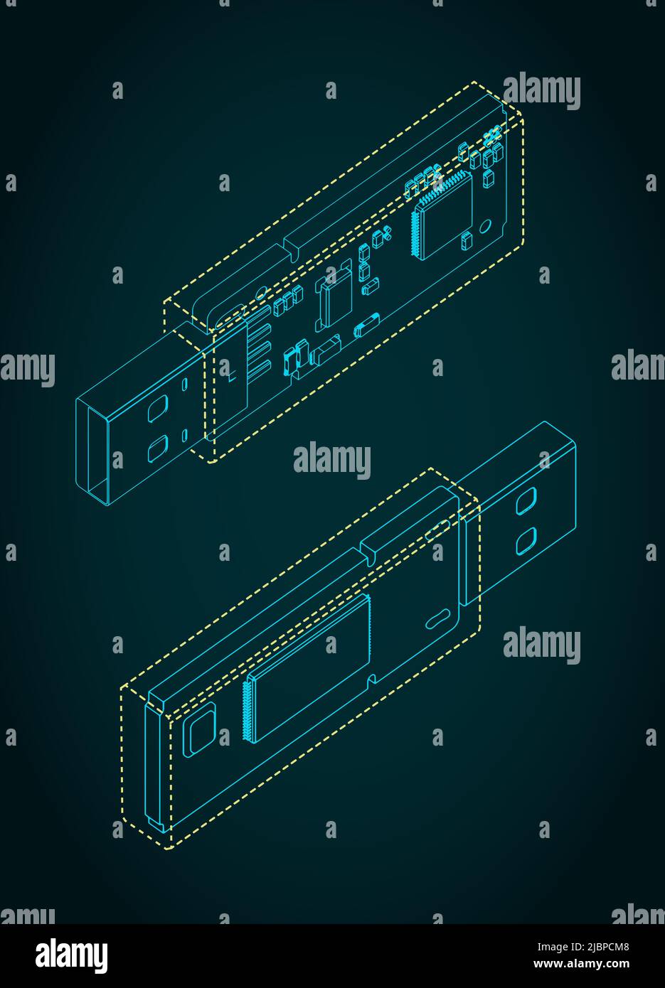 Stylized vector illustration of isometric drawings of USB fash drive ...