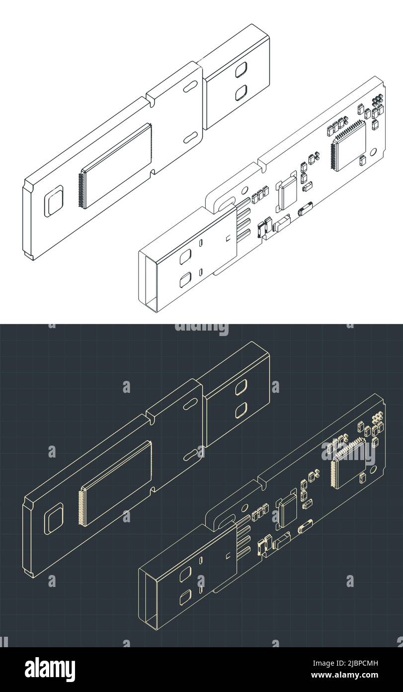Stylized vector illustration of isometric blueprints of USB fash drive ...