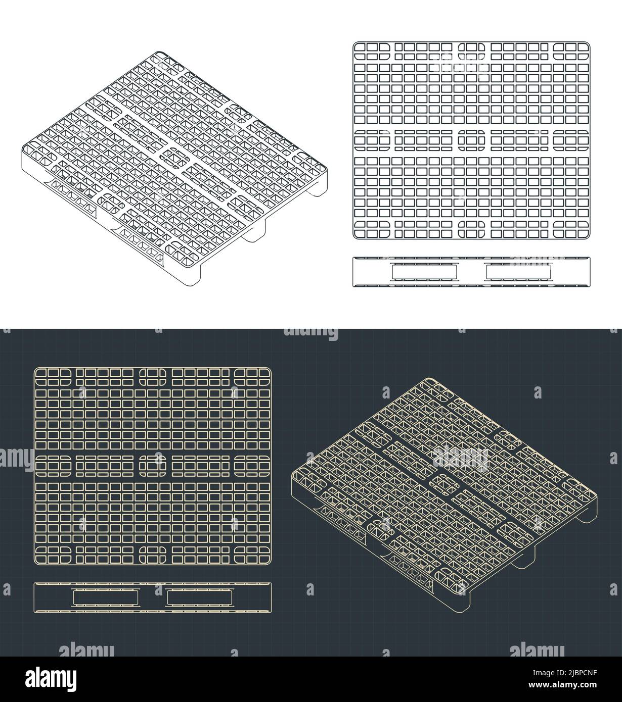Stylized vector illustration of blueprints of plastic pallet Stock ...