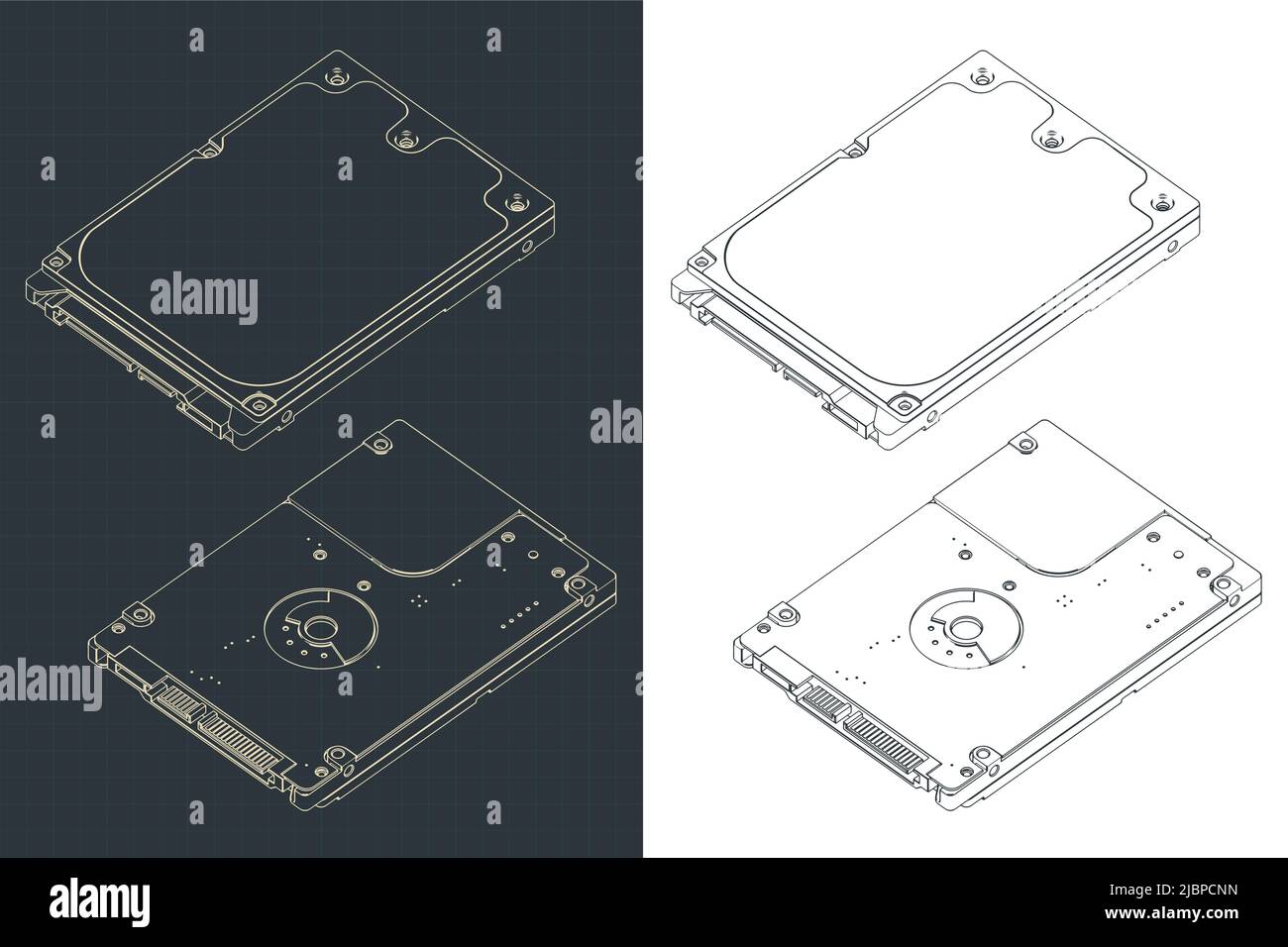 Stylized vector illustration of isometric blueprints of hard disk drive ...