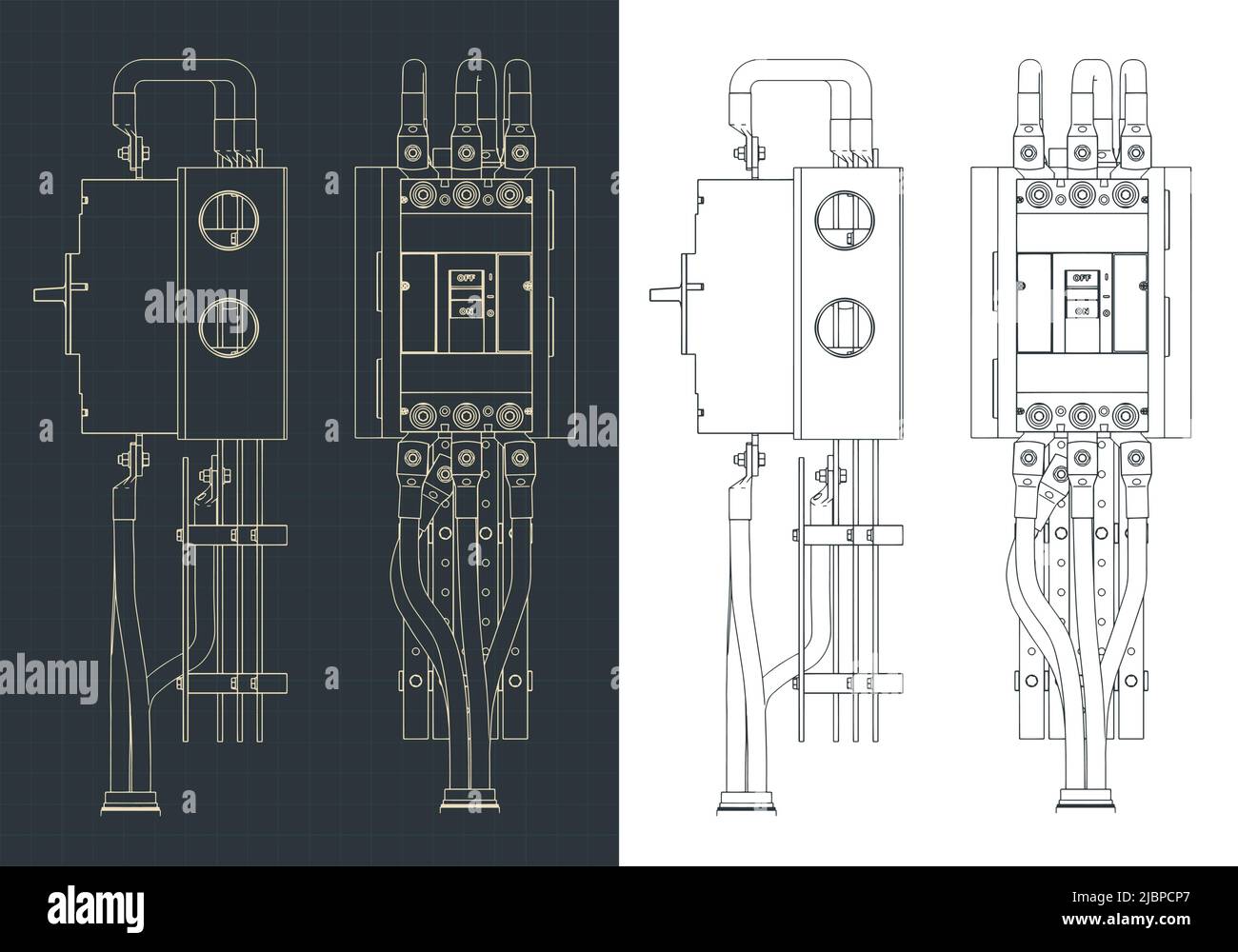 Stylized vector illustration of blueprints of power circuit breaker ...