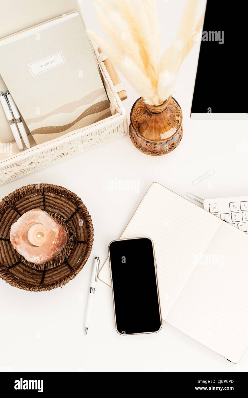 Neutral Boho Styled Desk Workspace Stock Photo - Alamy