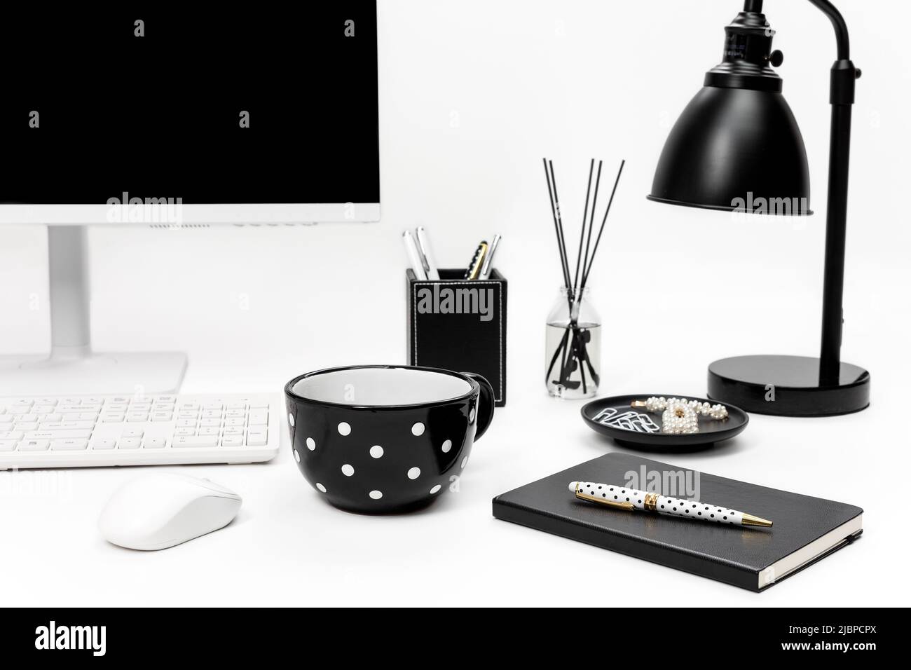 Black and White Styled Desk Workspace Stock Photo - Alamy