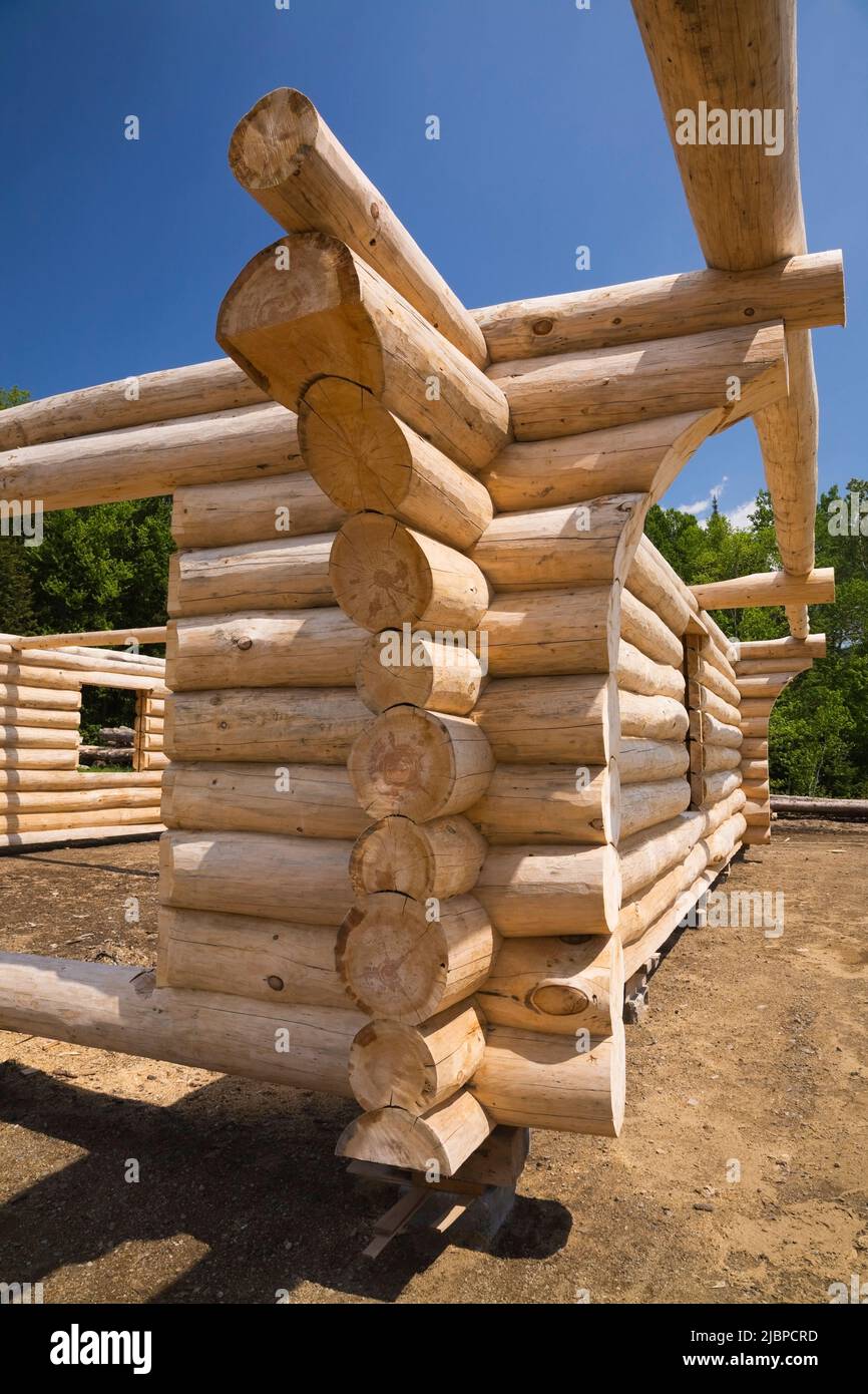 Unfinished Scandinavian log cabin being built with Eastern white pine ...
