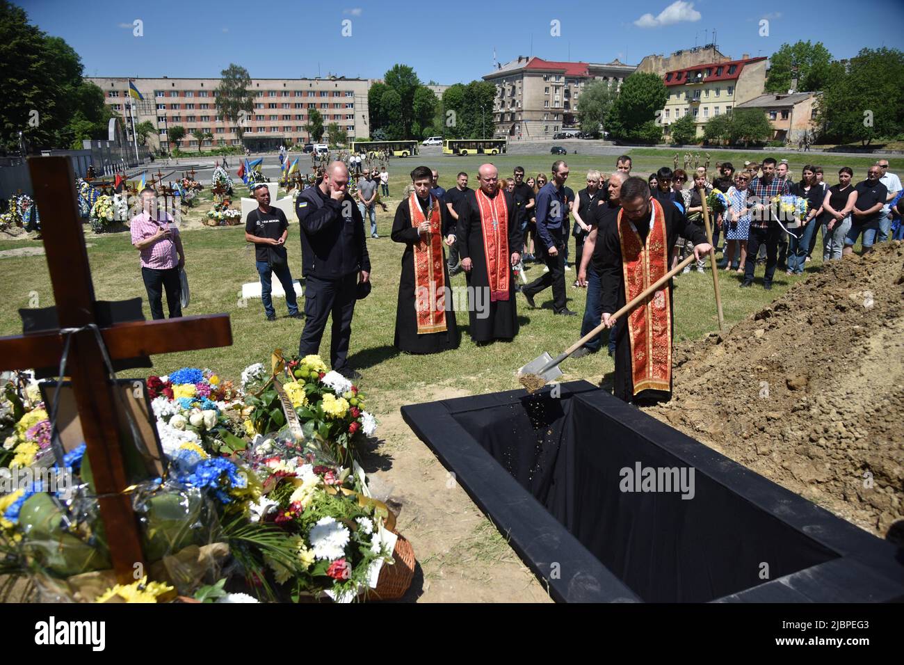 Lviv. Ukraine, 07 Jun 2022 A priest seen leading during the farewell ceremony of the fallen ...