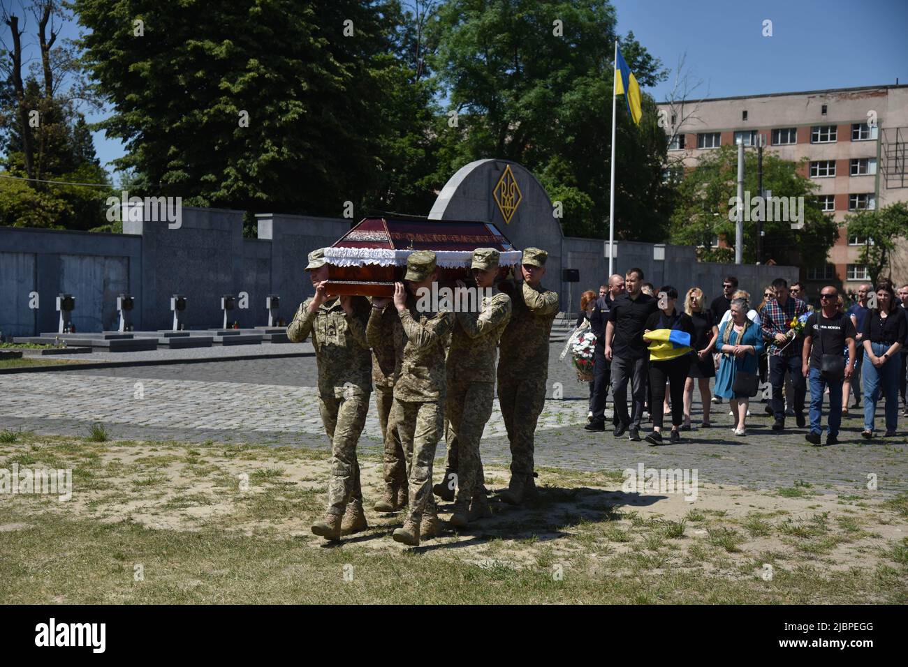 Lviv. Ukraine, 07 Jun 2022 Ukrainian military carry the coffin with the body during the farewell ...