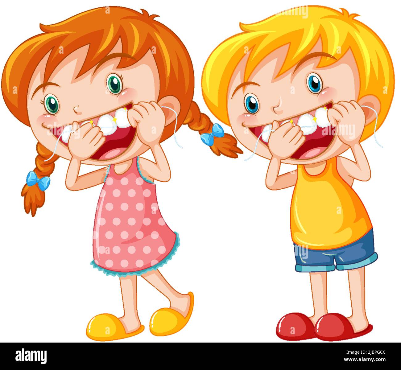 Cute kids cartoon character flossing teeth illustration Stock Vector ...