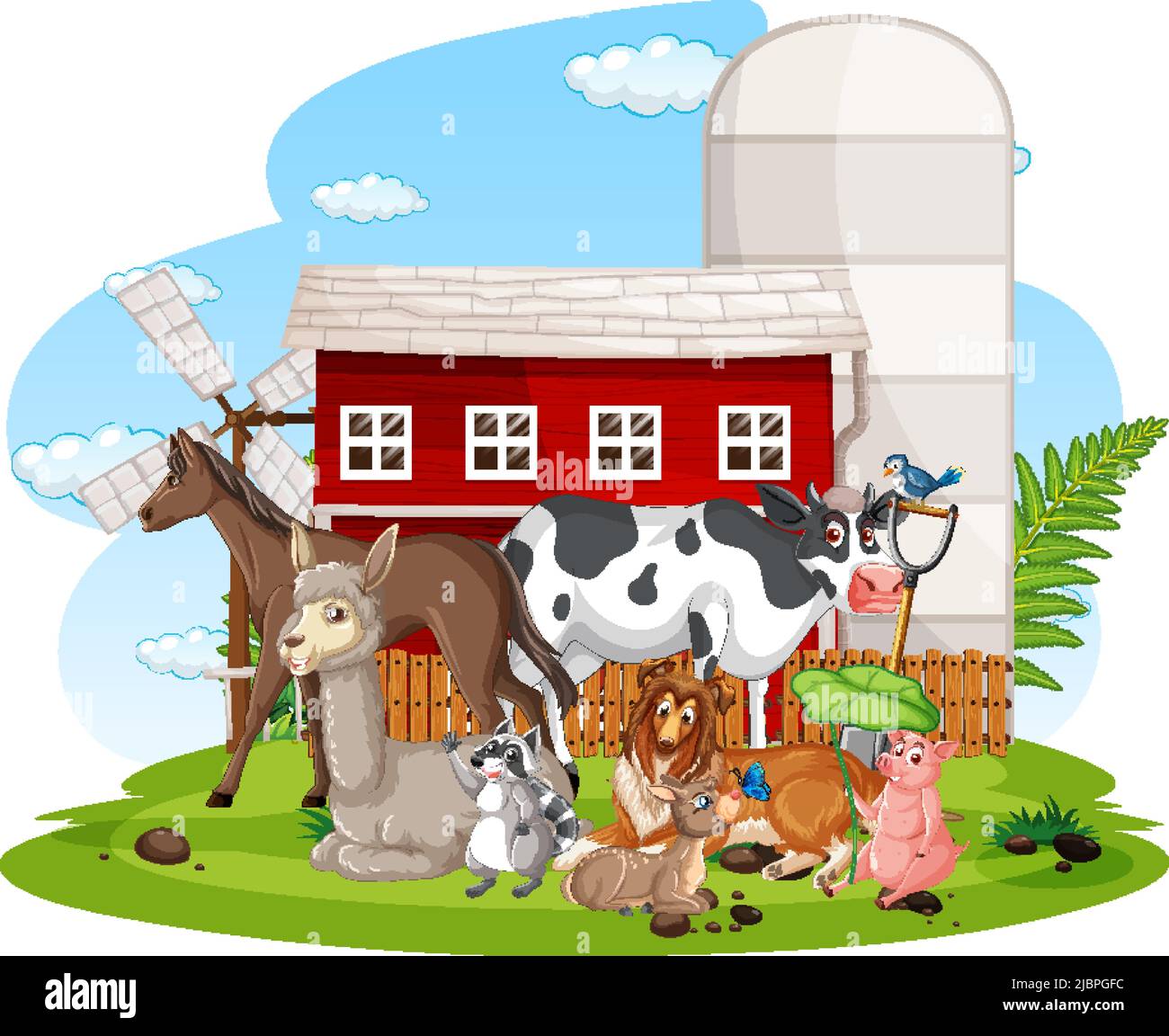 Farm scene with many animals by the barn illustration Stock Vector ...