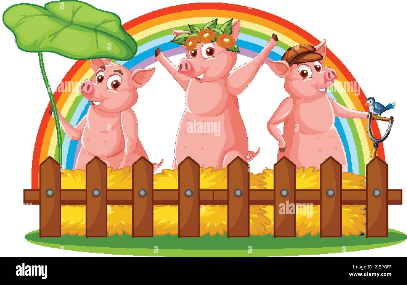 Cartoon three little pigs with rainbow background illustration Stock ...